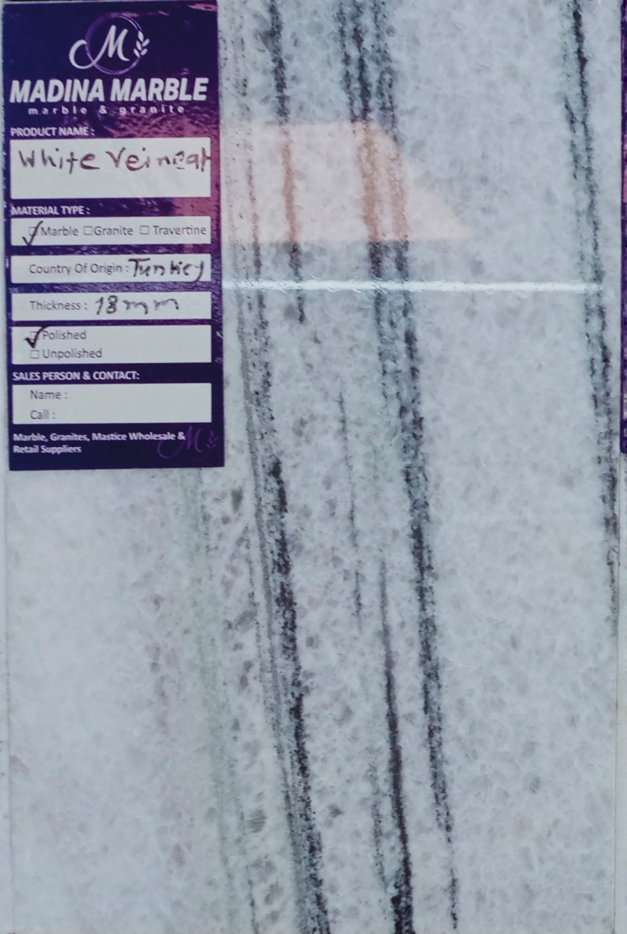 Madina White Vein Cut Marble - ConstructionMart